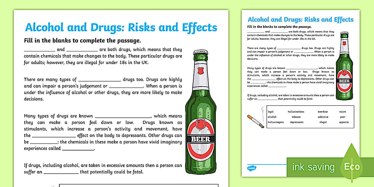 Alcohol and Drug Worksheet - CfE Second Level (teacher made)