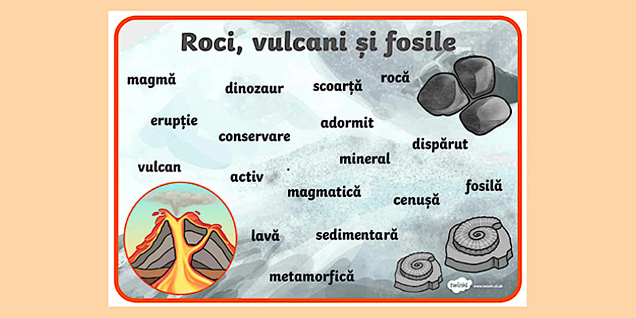 Roci, vulcani și fosile - Planșă cu vocabular - Twinkl