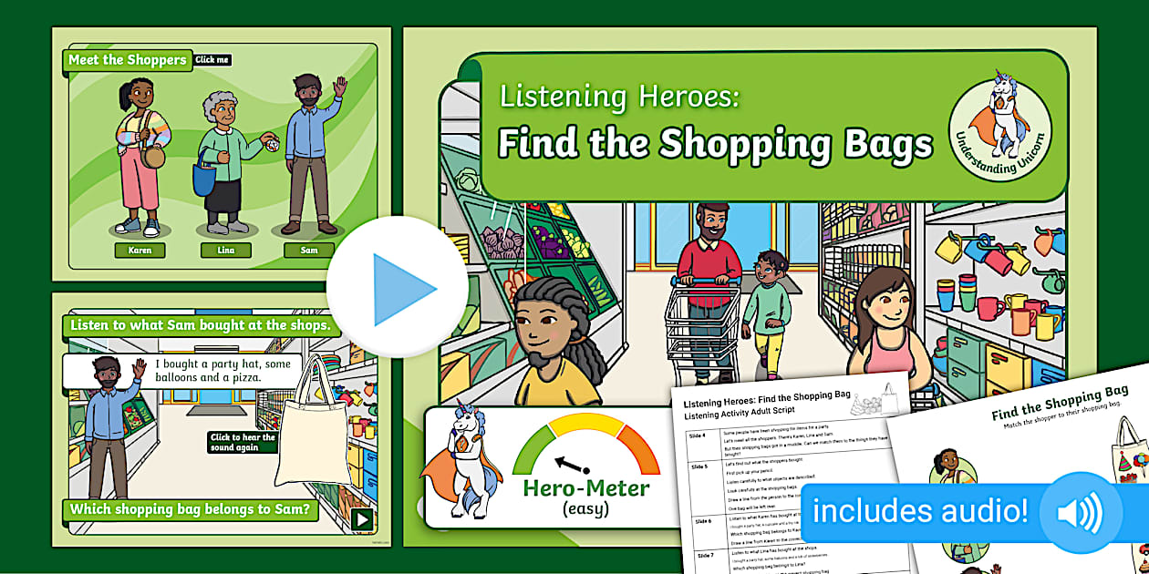 Listening Heroes: Find the Shopping Bag Activity | Twinkl