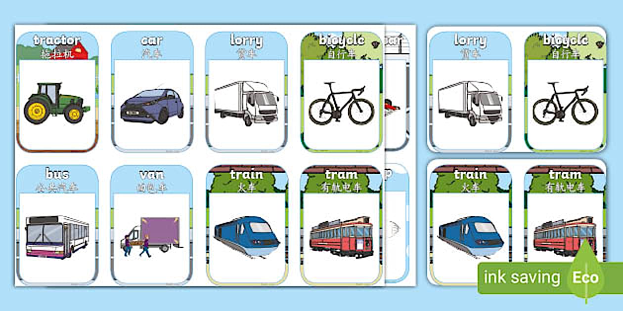 Transport Flashcards - English/Mandarin Chinese - Twinkl