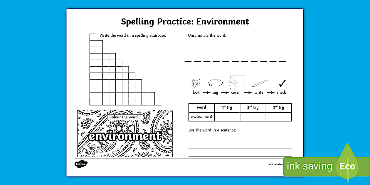 Environment Spelling Practice Worksheet (teacher made)