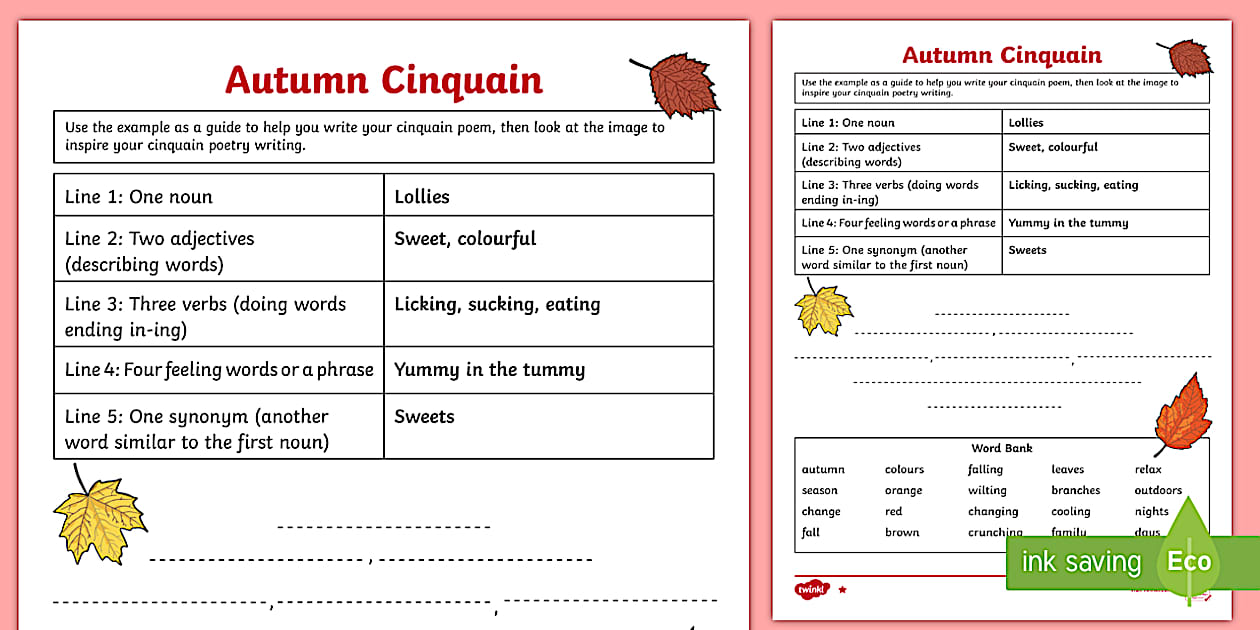 Autumn Cinquain Poem Worksheet | K-2 Twinkl Resources