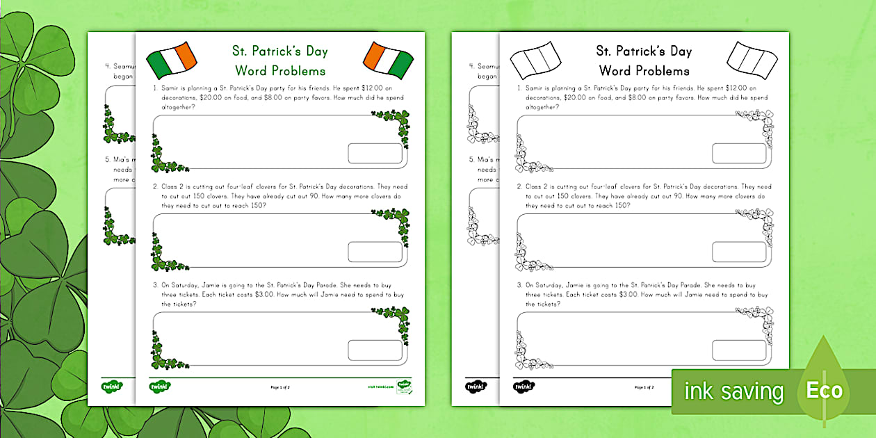 St. Patrick's Day Mixed-Skill Math Word Problems for K-2nd Grade
