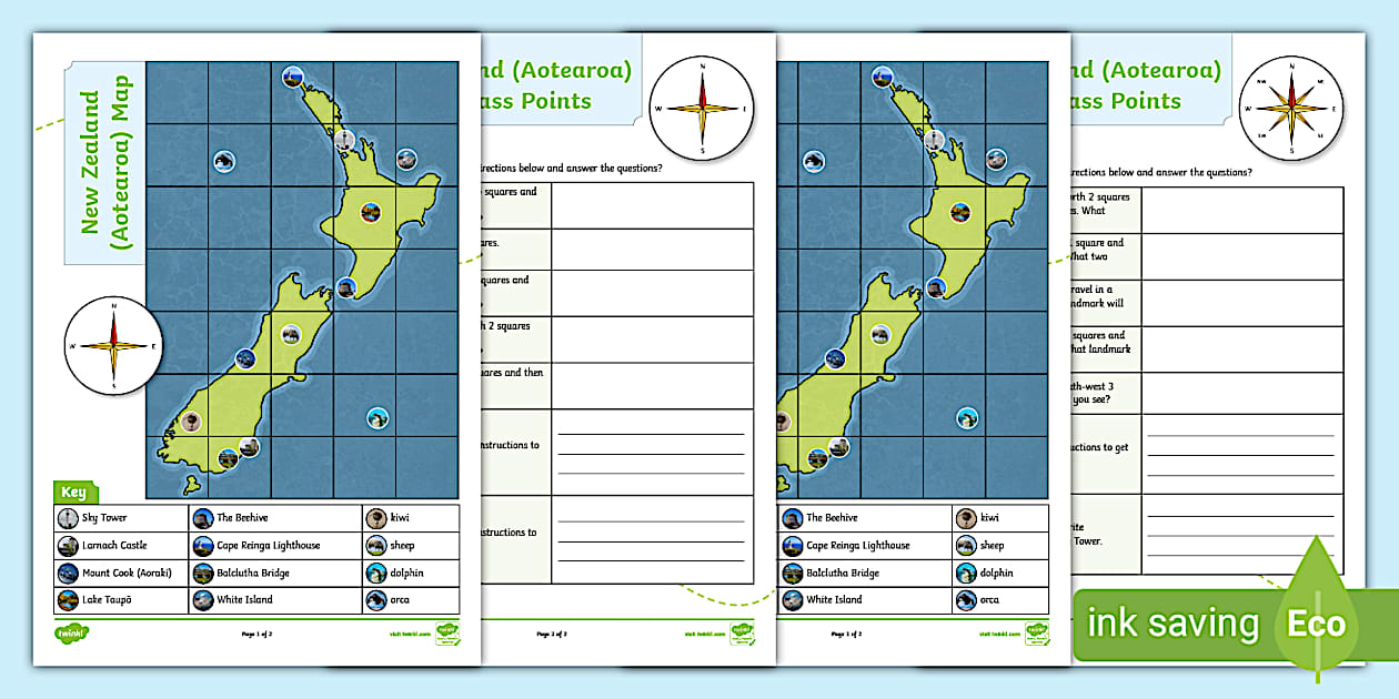New Zealand (Aotearoa) Map Compass Point Activity - Twinkl