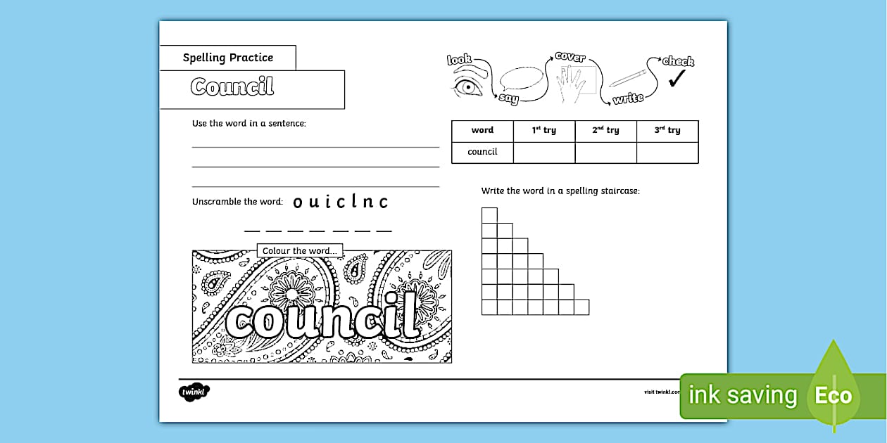 Council Spelling Practice Worksheet (teacher made) - Twinkl