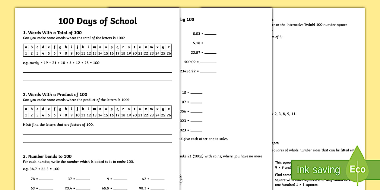 100 Days of School UKS2 Worksheet / Worksheets - Twinkl