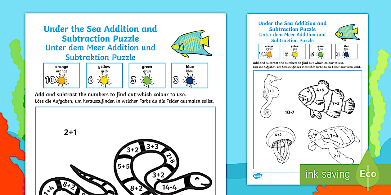 Under the Sea Themed Addition and Subtraction Puzzle English/German - Under