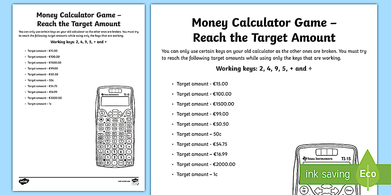 Money Calculator Game Reach the Target Amount Worksheet / Worksheet-Irish