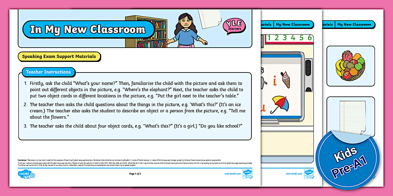 YLE Starters Speaking Practice Sheet (In My New Classroom)