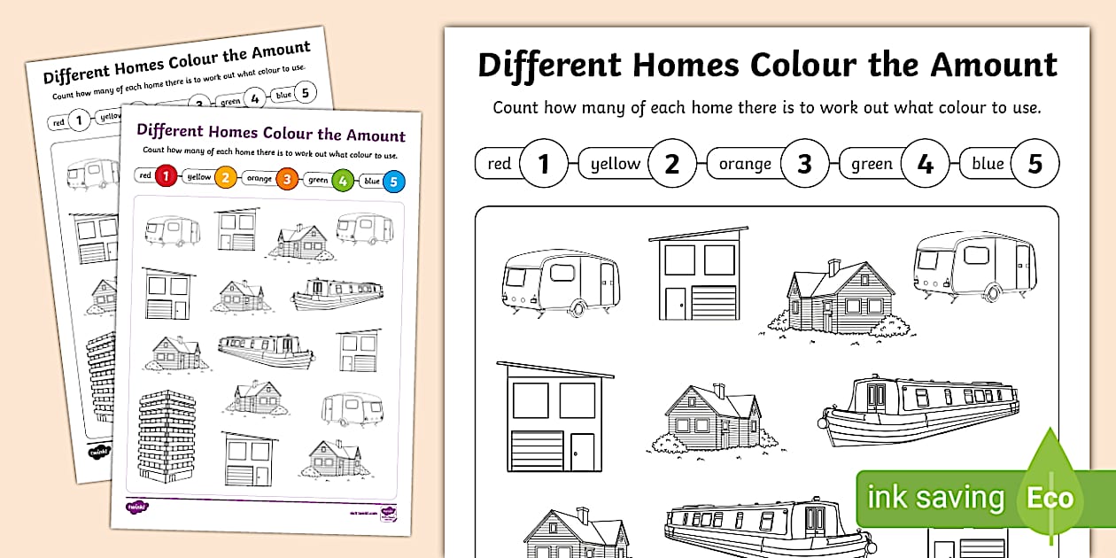 👉 Different Homes Colour the Amount (Teacher-Made)