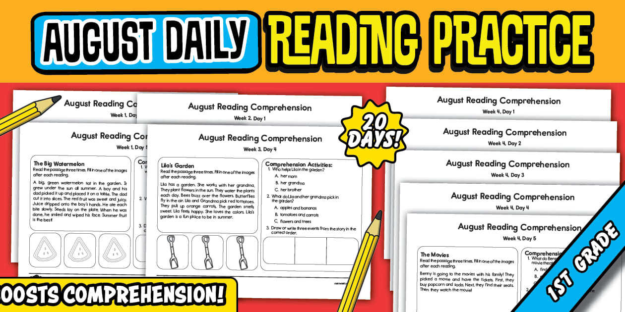 First Grade August Daily Reading Comprehension Mats - Twinkl
