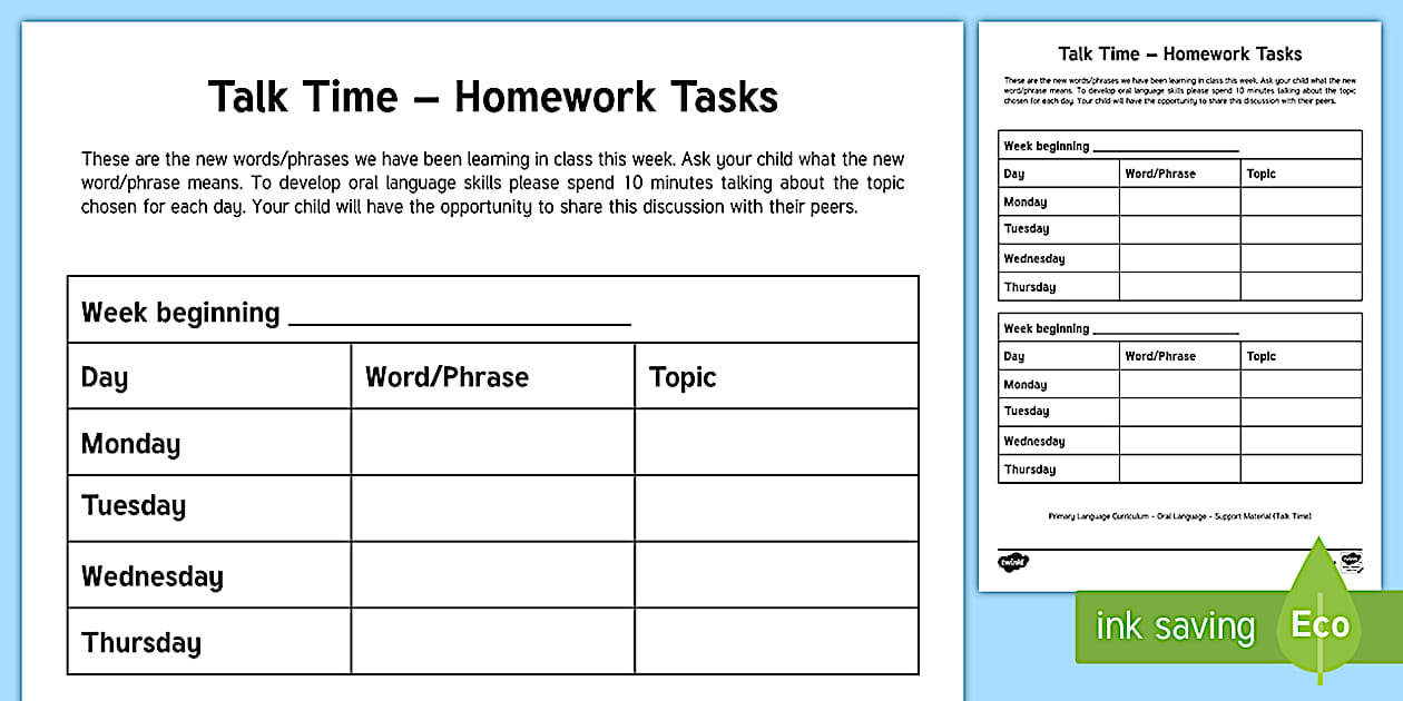 Talk Time – Homework Tasks Worksheet / Worksheet - Twinkl