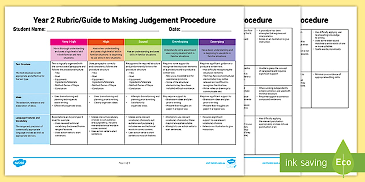 Black and White Australian Curriculum Year 2 Procedure Assessment ...