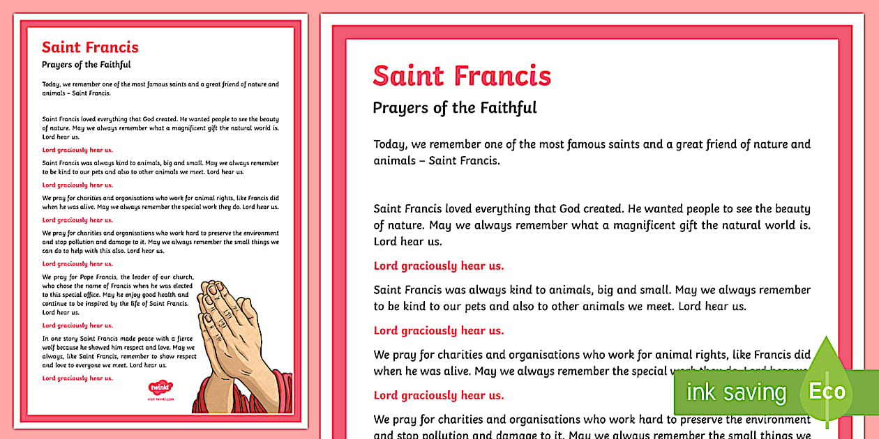 Black and White Saint Francis Prayers of the Faithful Print-Out