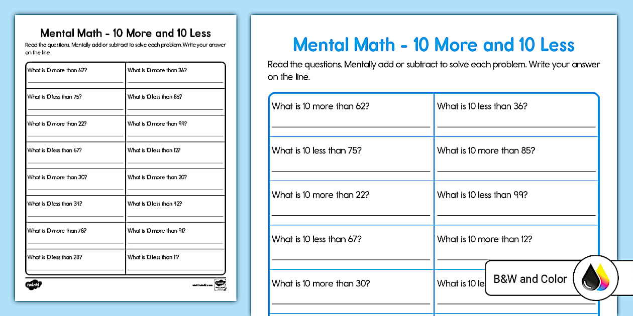 First Grade Finding 10 More and 10 Less of a Two-digit Number