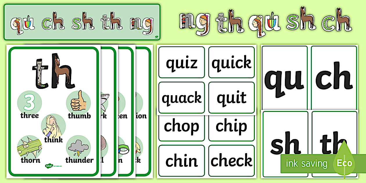QU,CH,SH,TH,NG Phonics Display Pack - Twinkl