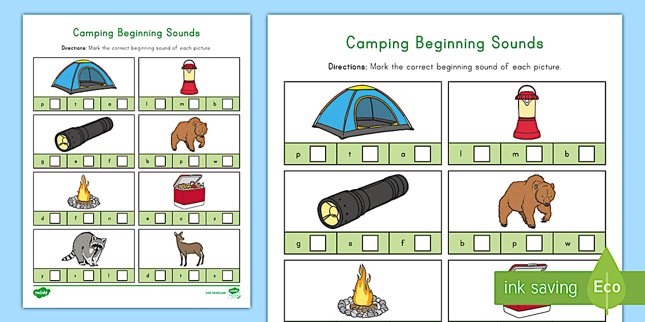 Camping Beginning Sounds Activity Worksheet - Twinkl
