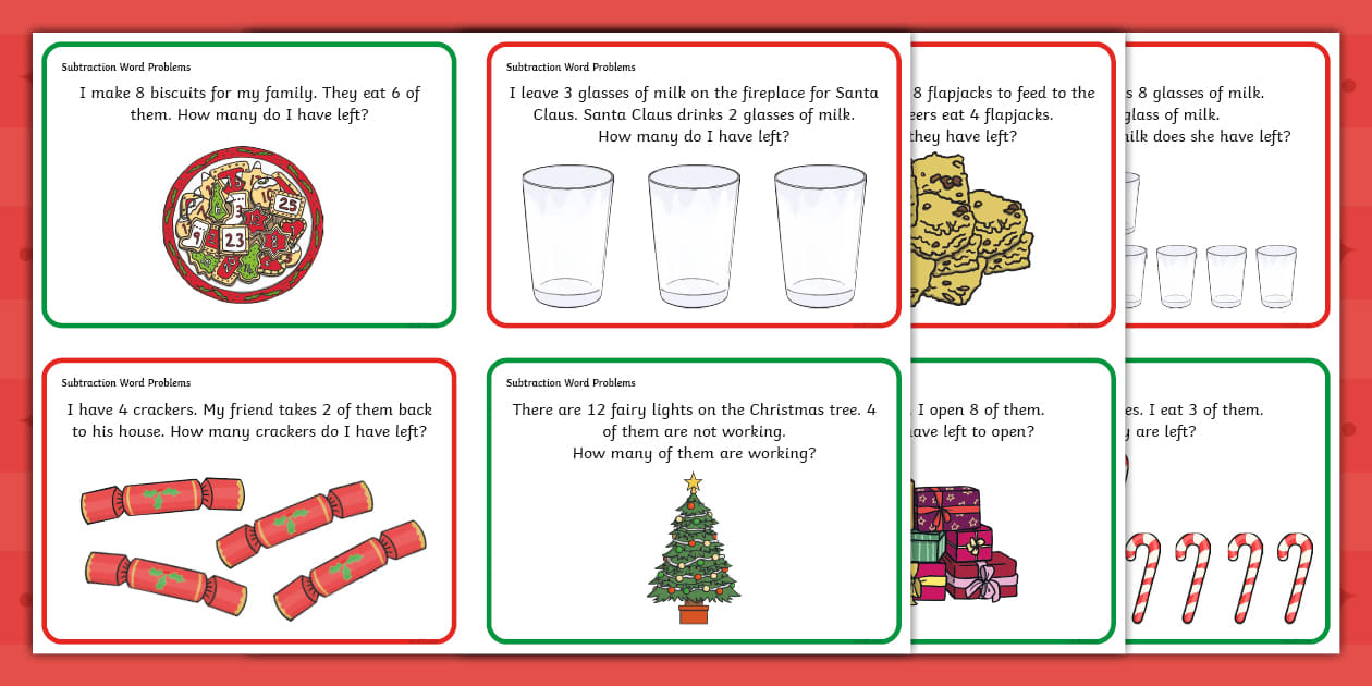 Christmas Themed KS1 Subtraction Word Problem Challenge Cards