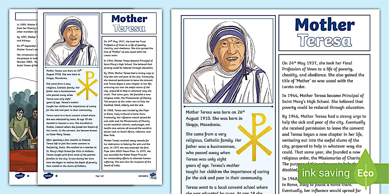 Mother Teresa Differentiated Reading Comprehension Activity