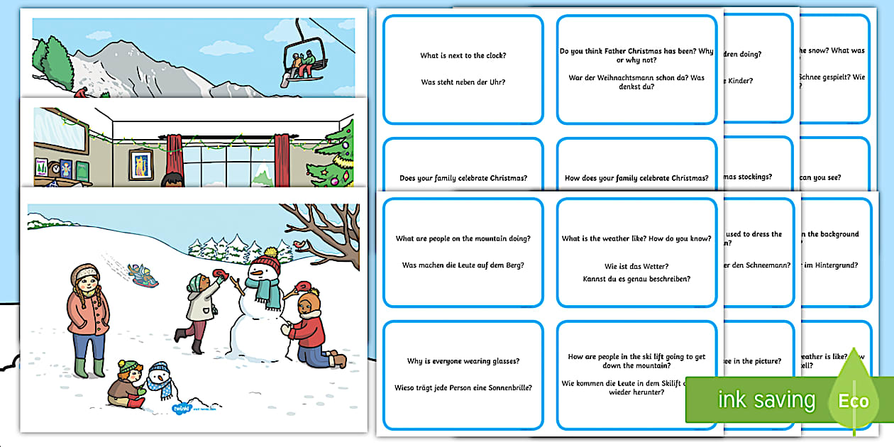Winter Scenes and Question Cards English/German - Twinkl