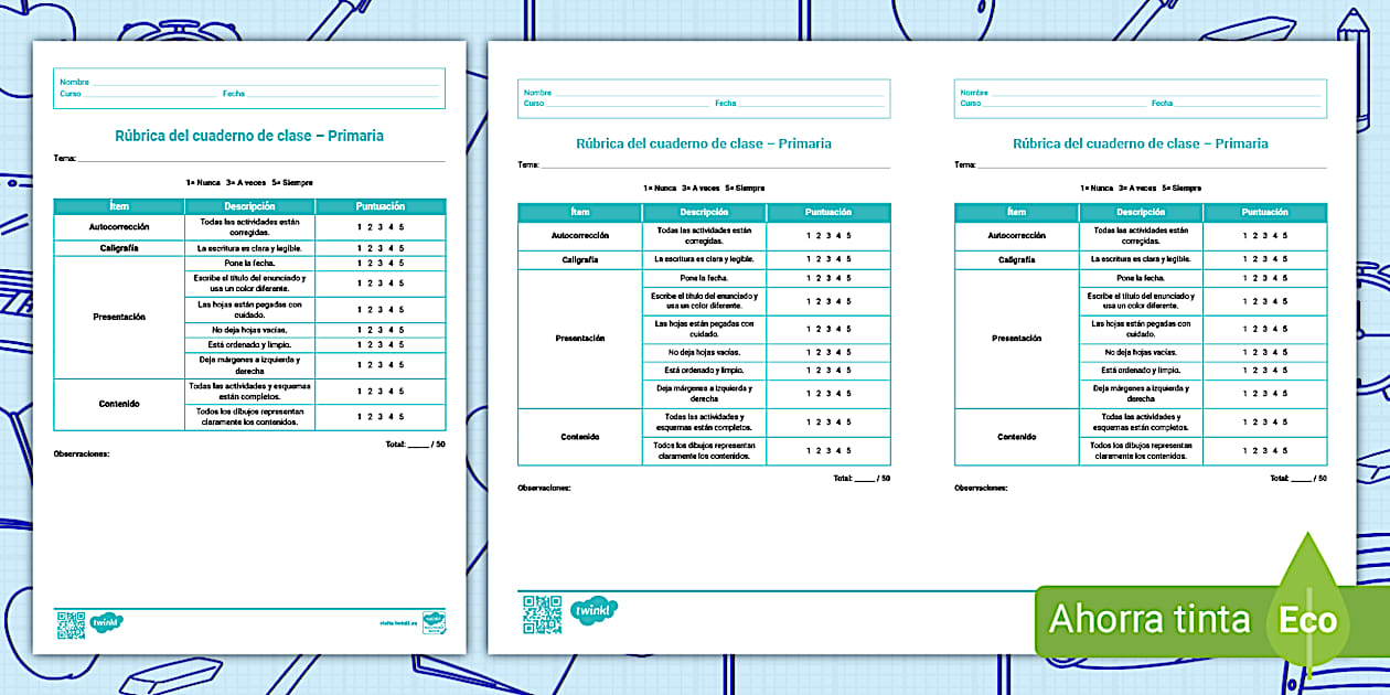 Rúbrica del cuaderno de clase - Primaria