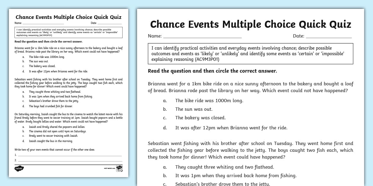 Chance Events Multiple Choice Quick Quiz Worksheet / Worksheet-Australia