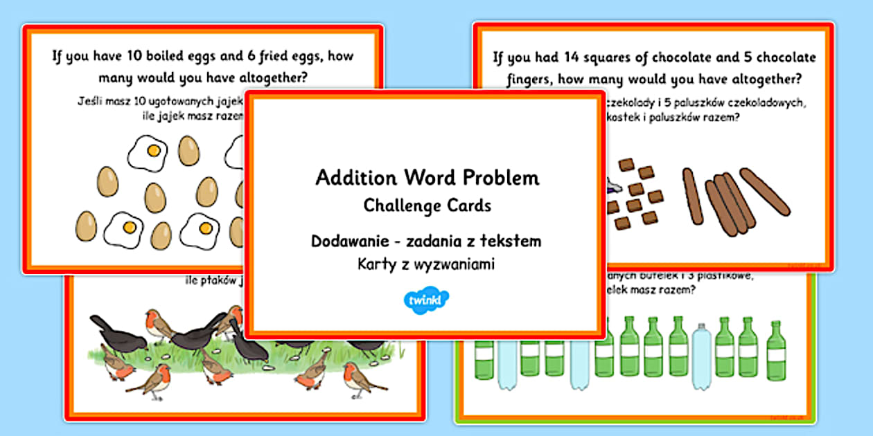 KS1 Addition Word Problem Challenge Cards Polish Translation