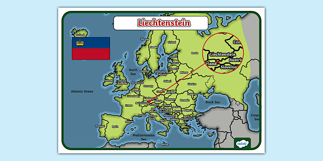 Liechtenstein on a Map of Europe Display Poster - Twinkl
