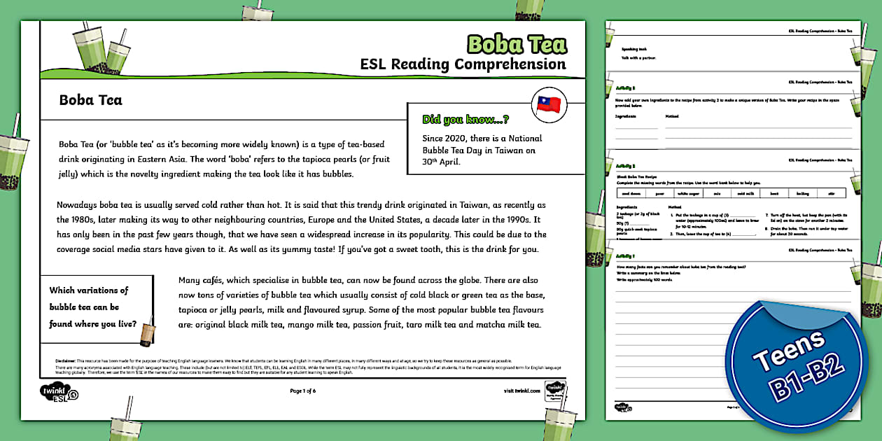 ESL Reading Comprehension - Boba Tea (l'enseignant a fait)