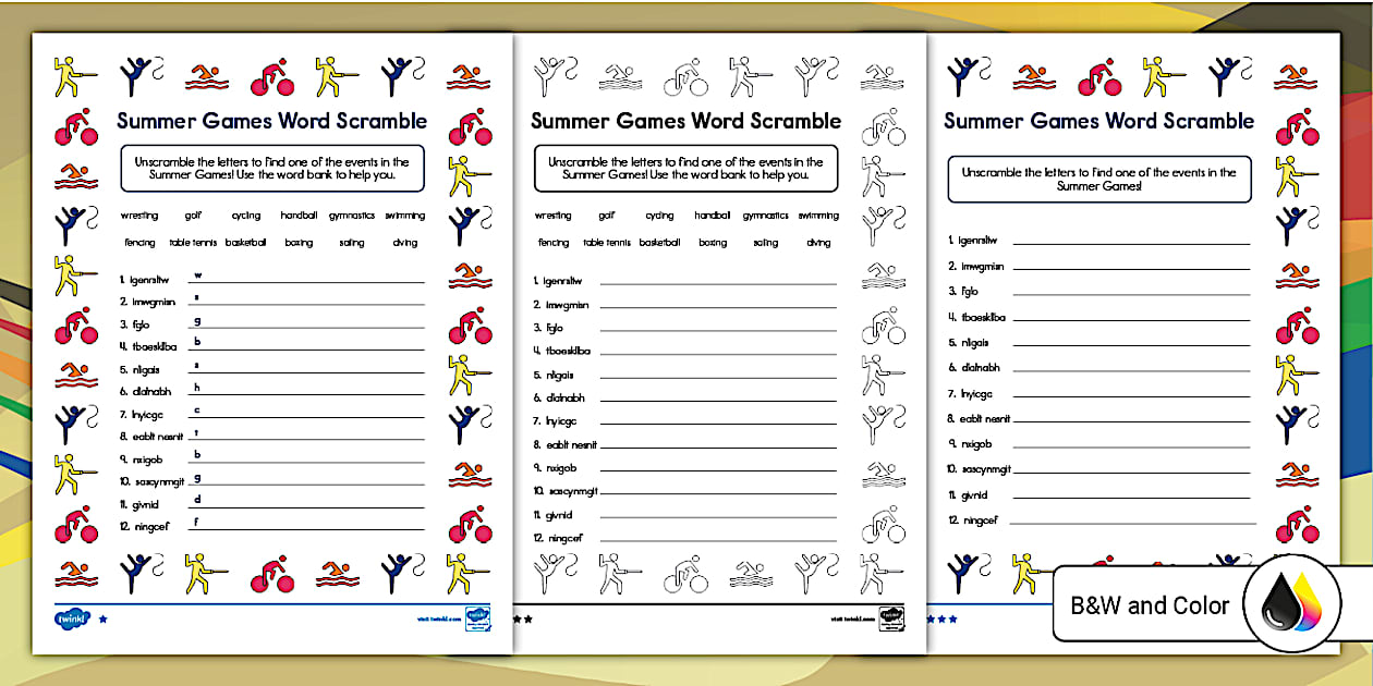 Summer Games Sports Differentiated Word Scramble Worksheet