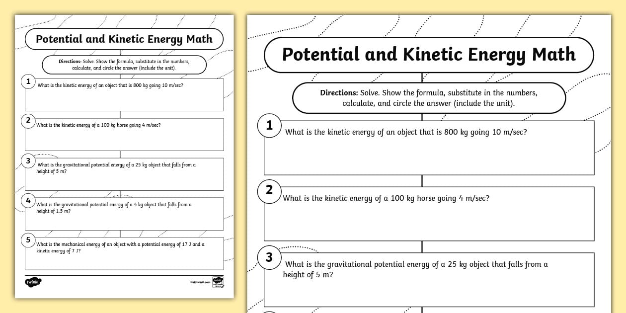 Potential and Kinetic Energy Math Calculations Worksheet