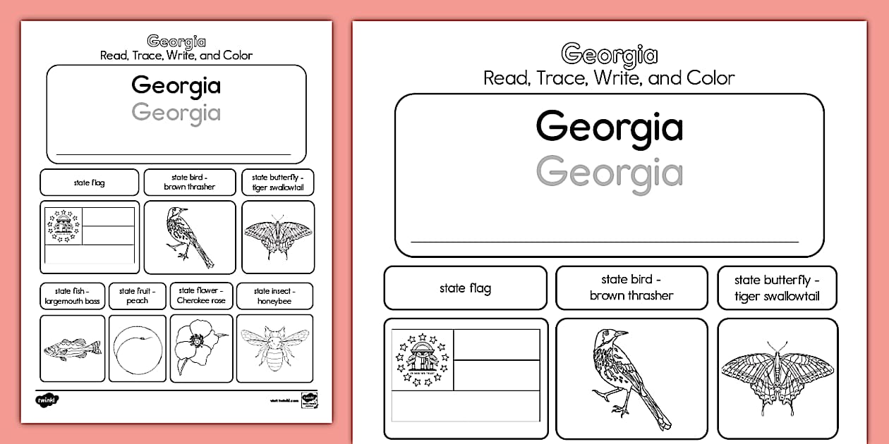 Georgia State Symbols Read, Trace, Write, and Color Worksheet