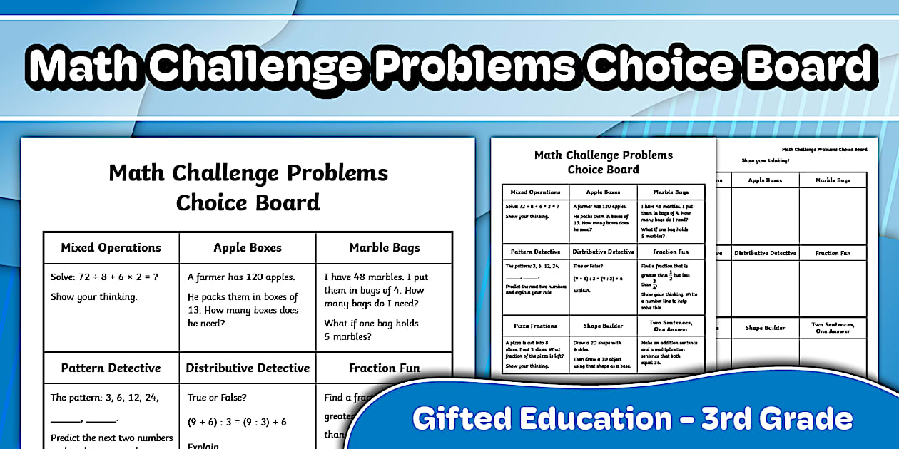 Math Challenge Problems Choice Board for Gifted Education