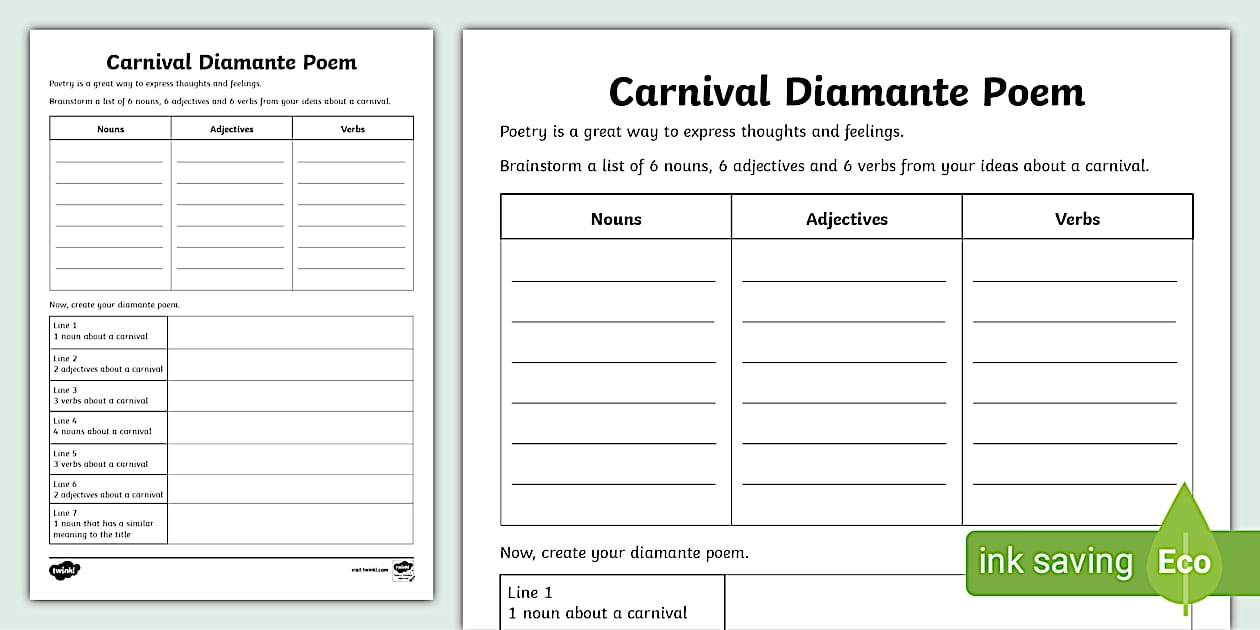 Carnival Diamante Poem Activity, Carnivals - Twinkl