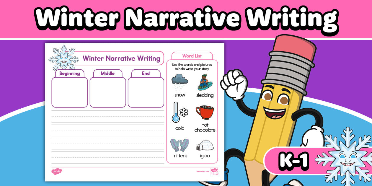 Winter Narrative Writing Practice Worksheet for K-1st Grade