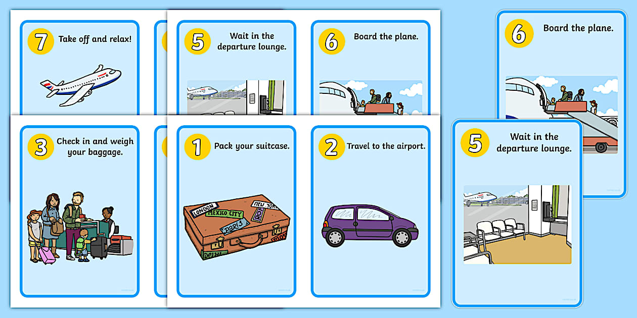 Black and White Going on a Plane Journey Sequencing Cards