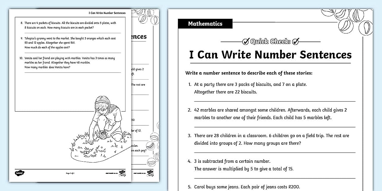 Quick Check: I Can Write Number Sentences Activity Sheet