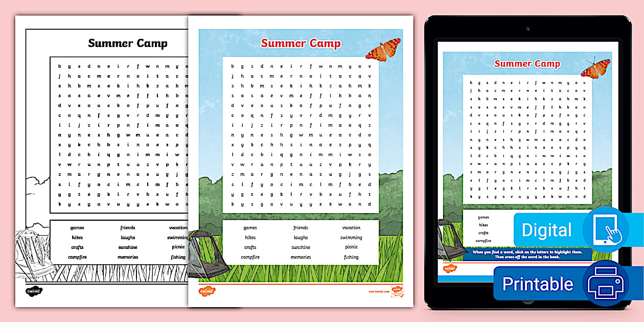 Summer Camp Word Search for 3rd-5th Grade (Teacher-Made)