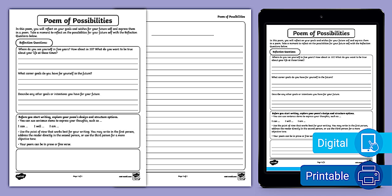 Writing a Poem of Possibilities Worksheet for 6th-8th Grade