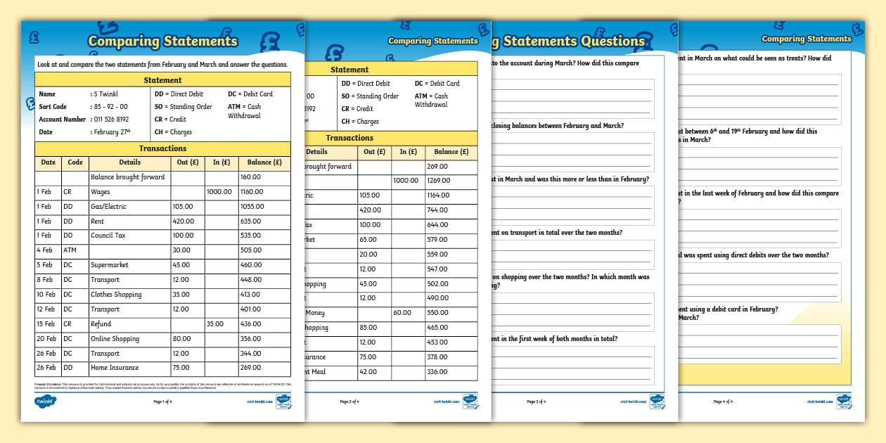 Financial Literacy: Comparing Statements Activity Sheet
