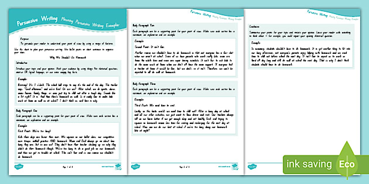 Level 3 Persuasive Writing Planning Sheet with Exemplar