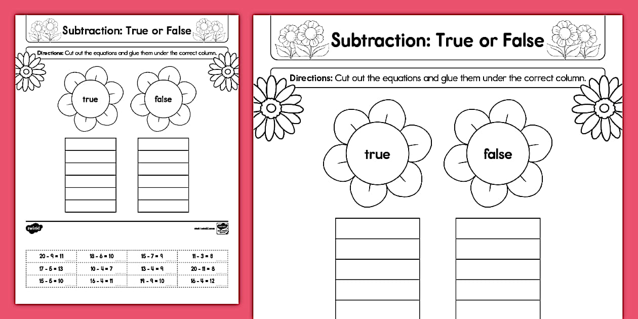 First Grade Spring Subtraction Within 20 True or False Cut