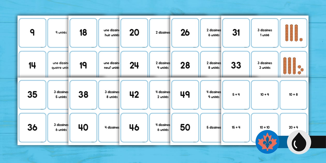 Tens and Ones Base Ten Blocks up to 50 Matching Cards French
