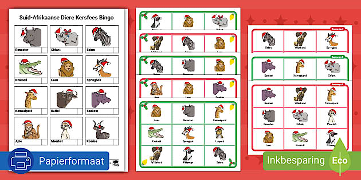 Suid-Afrikaanse Kersfees Diere BINGO Speletjie