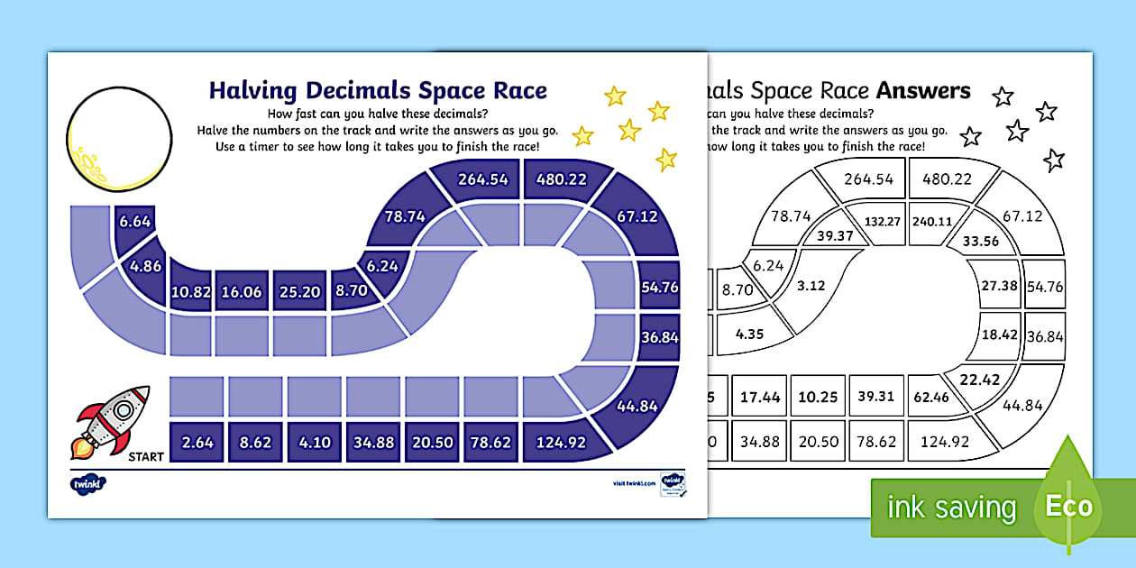 Editable Halving Decimals with 2 Decimal Places Race Activity