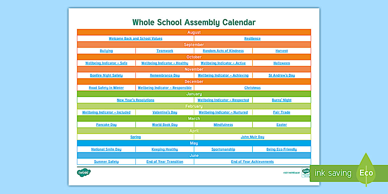 Whole School Yearly Assembly Ideas Calendar | CfE | Twinkl