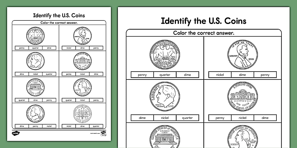 Recognizing Coins Worksheets for Kindergarten | Twinkl USA