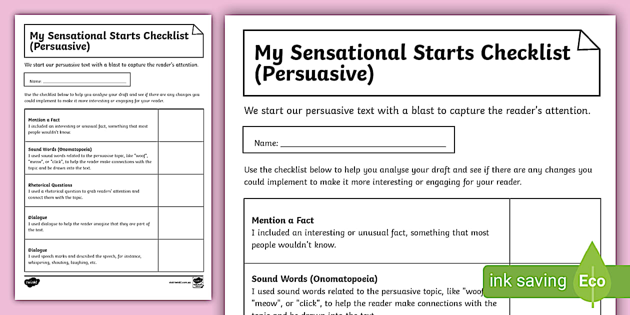 Sensational Starts Student Checklist (Persuasive) - Twinkl Sensational Starts Student Checklist (Persuasive) - Twinkl