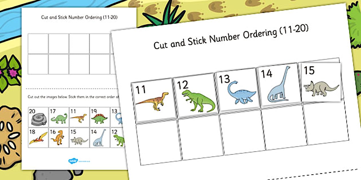 Dinosaur Themed Cut and Stick Number Ordering Sheets 11-20 - cut