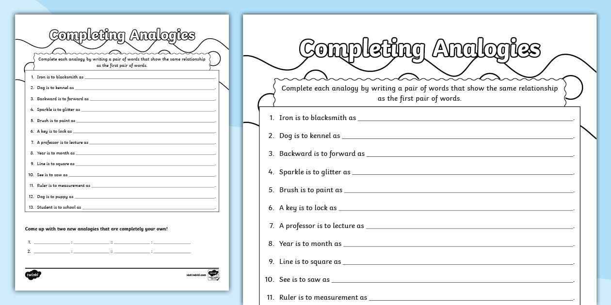 Completing Analogies Worksheet for 6th-8th Grade - Twinkl